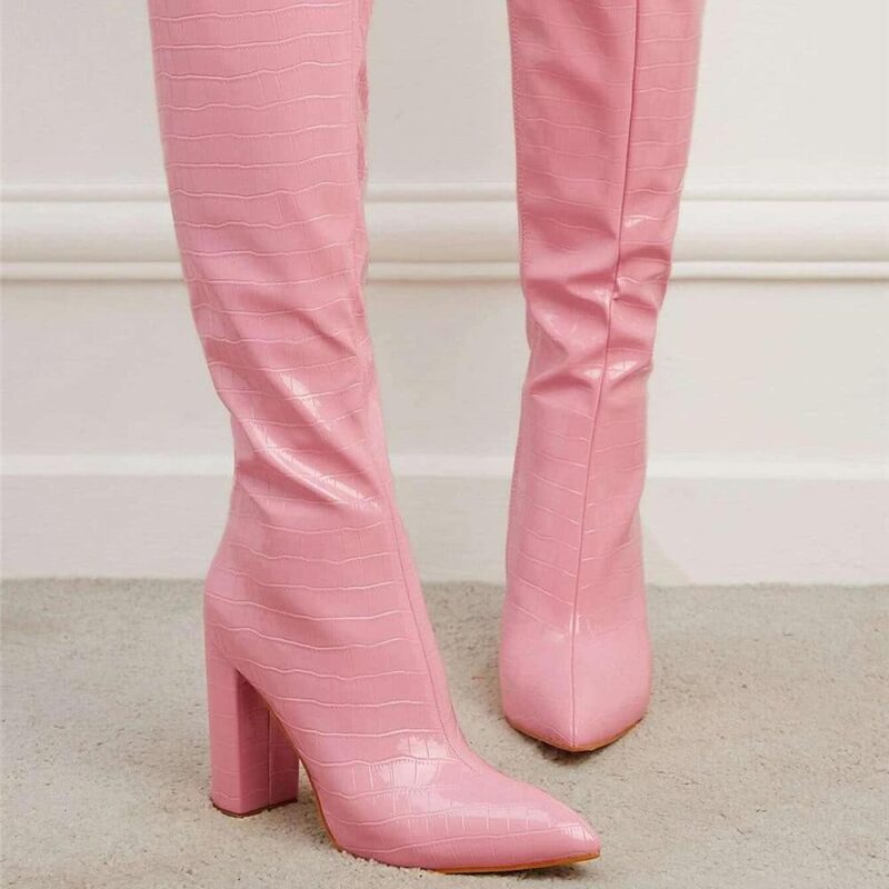 Bottes roses effet croco brillant à talons hauts carrés - SamBottes