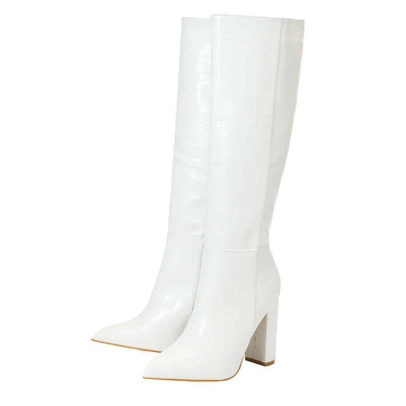 Bottes blanches effet croco brillant à talons hauts carrés • SamBottes