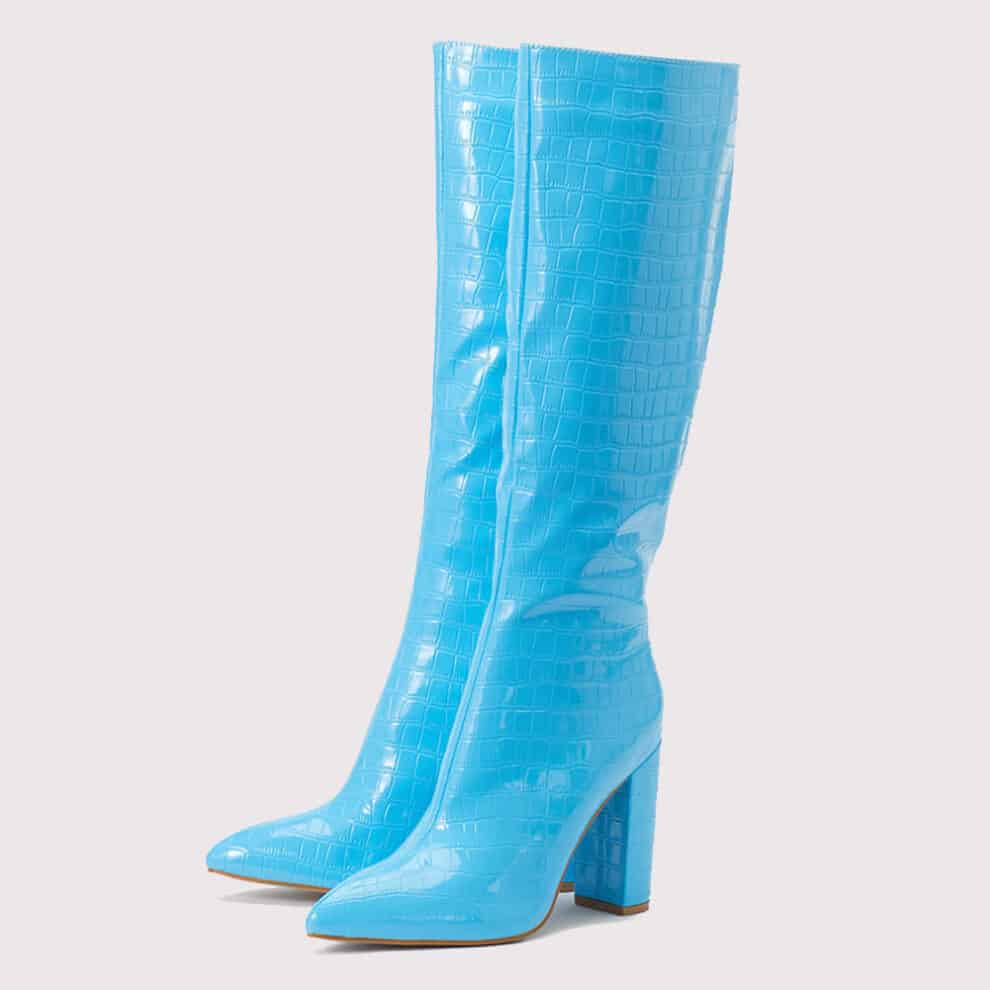 Bottes bleues effet croco brillant à talons hauts carrés - SamBottes